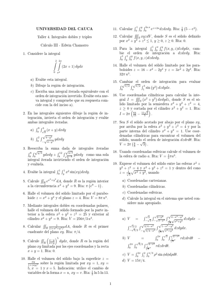 Taller de Integrales Avanzadas | PDF | Integral | Métodos y materiales ...