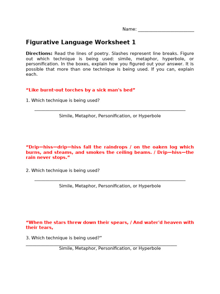 Figurative Language Worksheet 1 | PDF