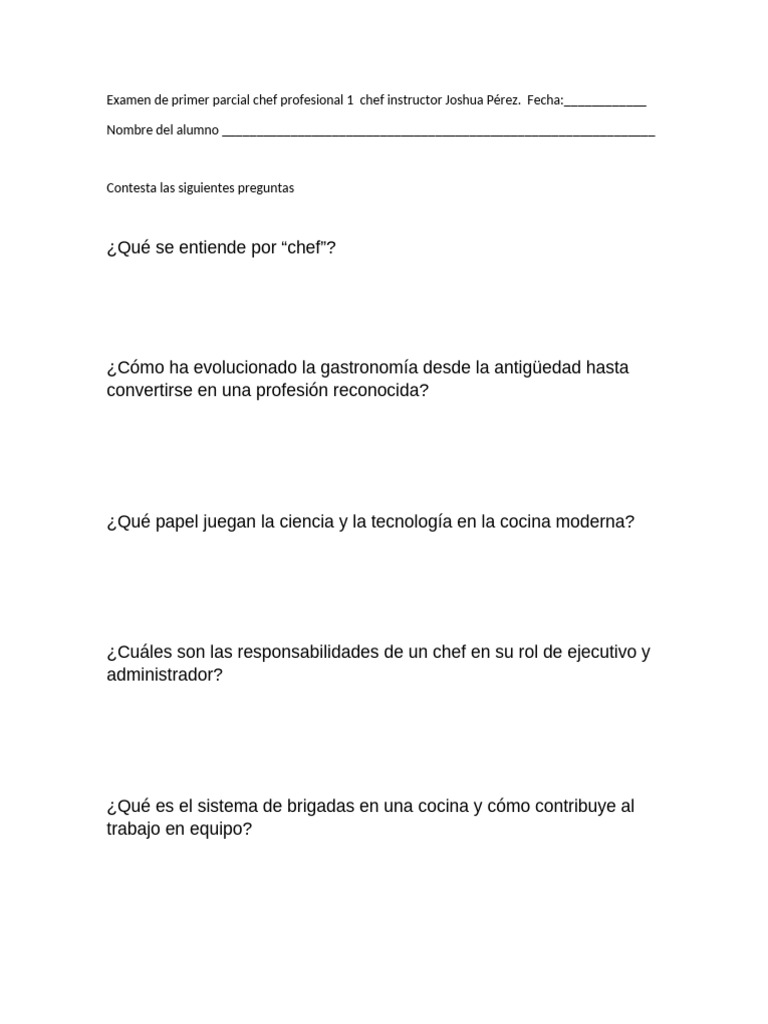 Examen Chef Profesional: Preguntas Clave | PDF