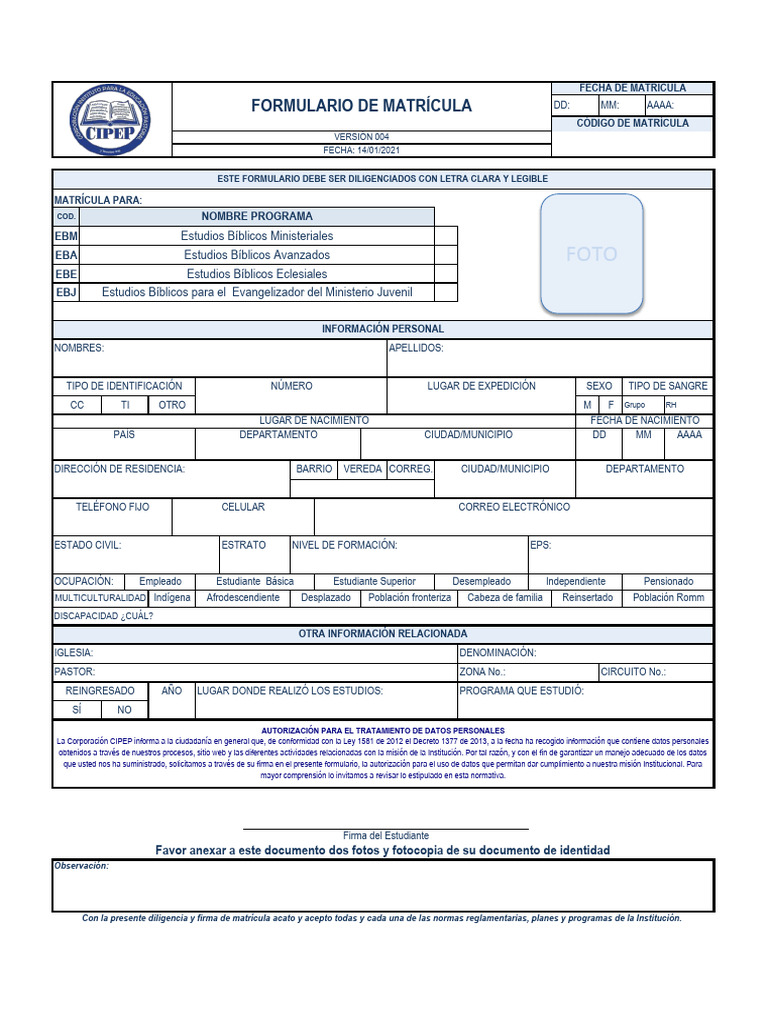 Formulario de Matrícula V004-21 | PDF