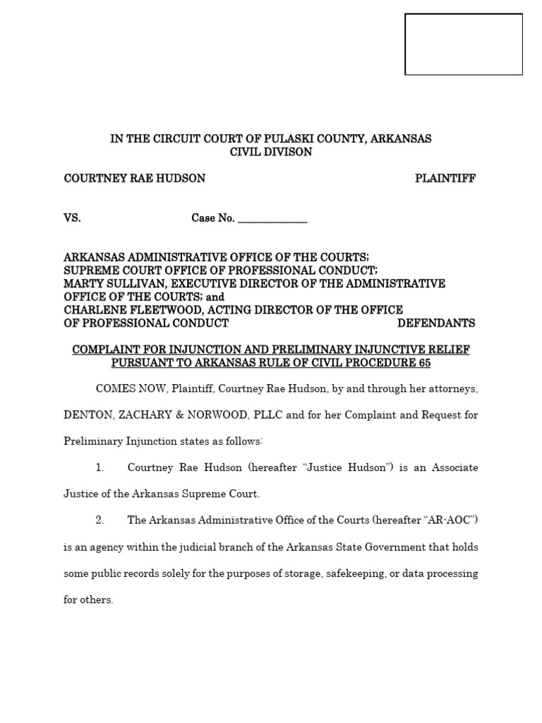 Courtney Rae Hudson Complaint For Injunction | PDF