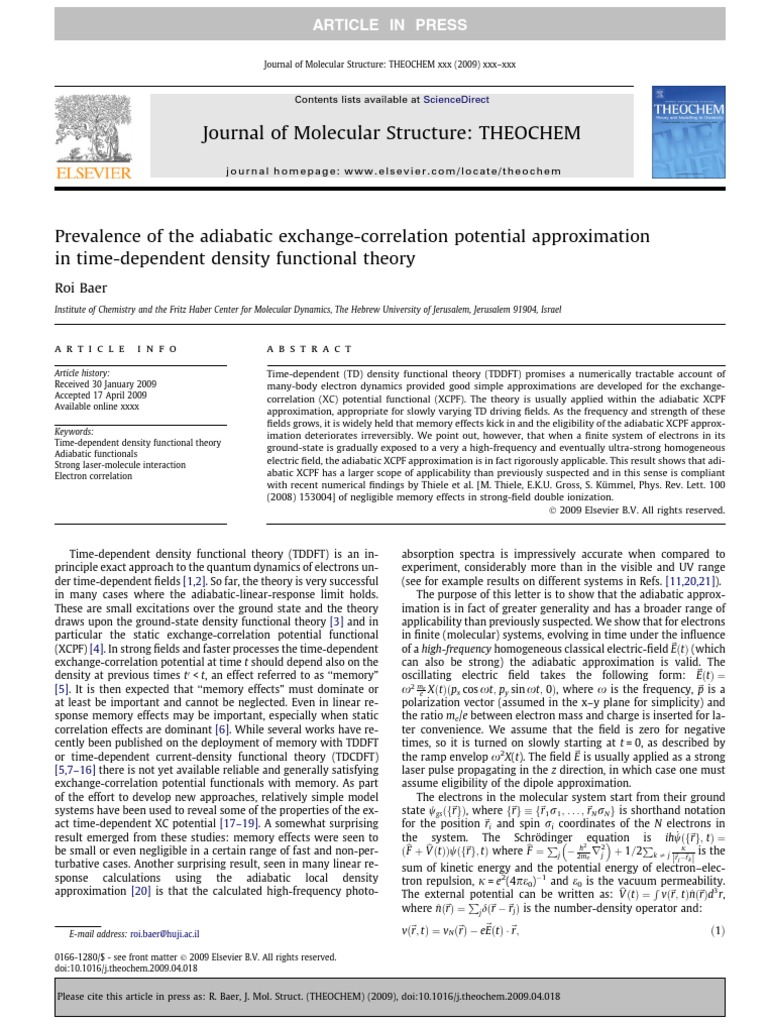 Roi Baer - Prevalence of The Adiabatic Exchange-Correlation Potential ...