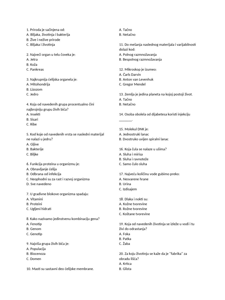 Biologija Inicijalni Test Za 6. Razred II | PDF