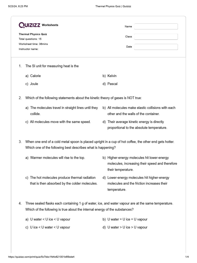 Thermal Physics Quiz - Quizizz | PDF