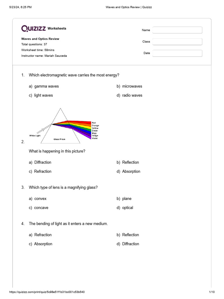 Waves and Optics Review - Quizizz | PDF
