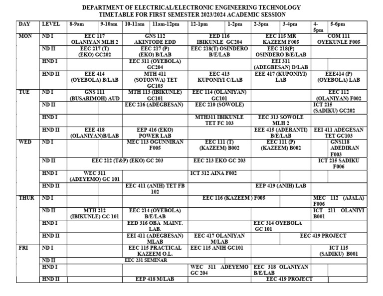 First Semester Time Table 2023-2024 | PDF