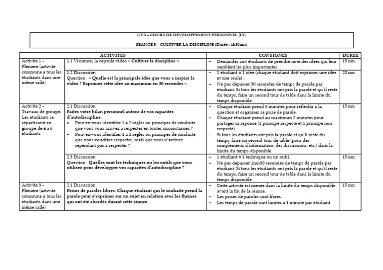 DEVPERSO - Fiche Dactivités - Seance 5 - Cultiver La Discipline | PDF