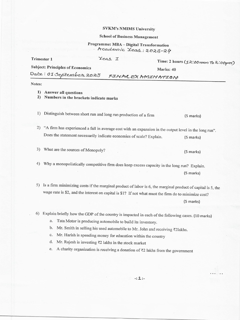 Final QP MBA (DT) Principles of Economics 803EC0C023 Trim I 23-24 ...