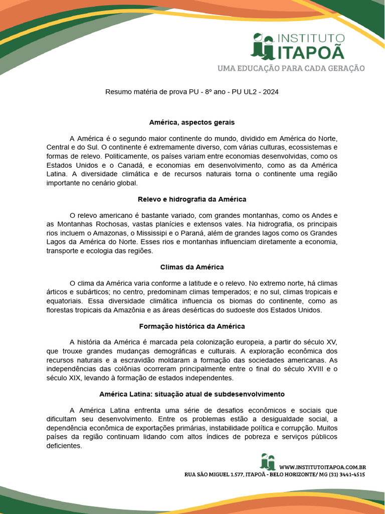 Resumo mat-ria de prova PU - 8- ano - PU UL2 - 2024 | PDF