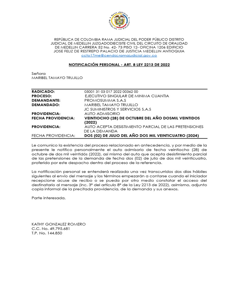 Formato Notificación Personal Ley 2213 | PDF