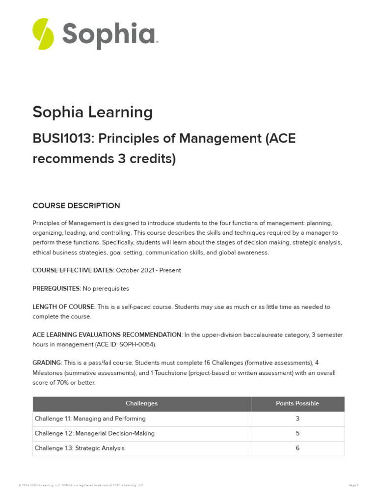 Sophia Principles of Management Syllabus | PDF
