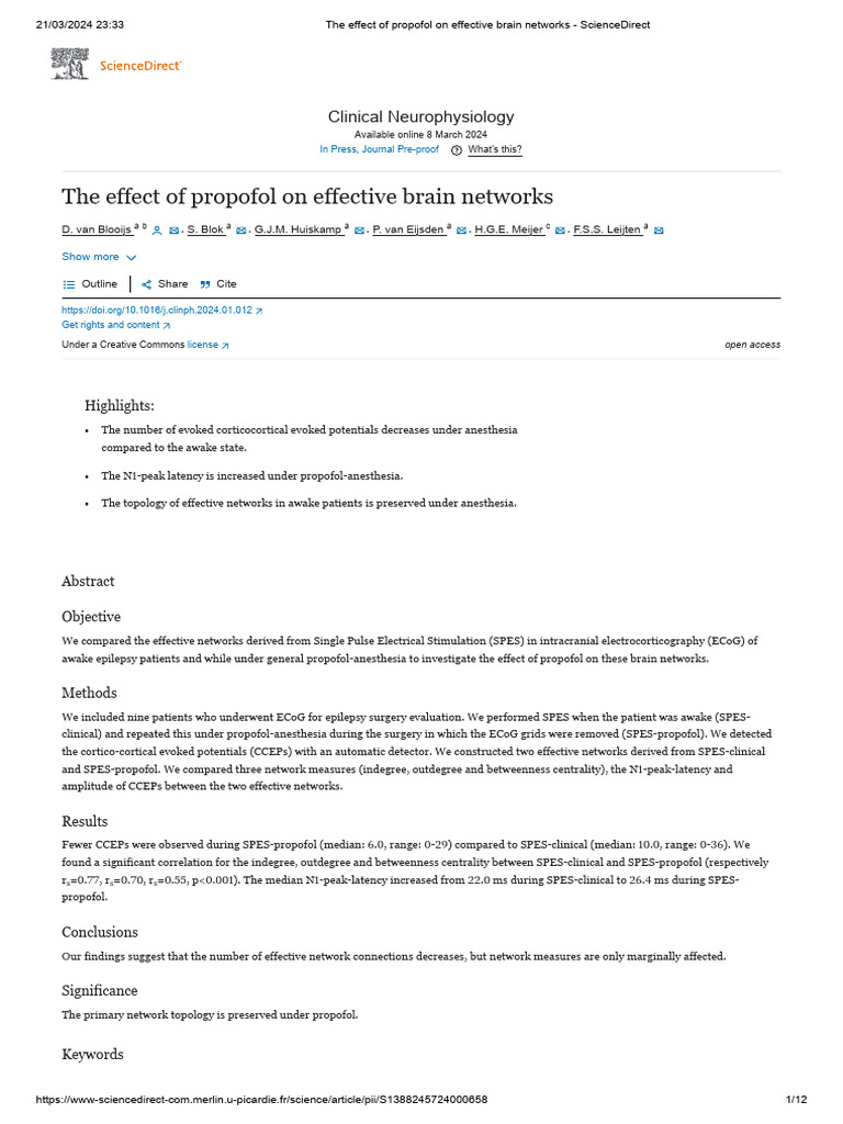 The Effect of Propofol On Effective Brain Networks - ScienceDirect | PDF