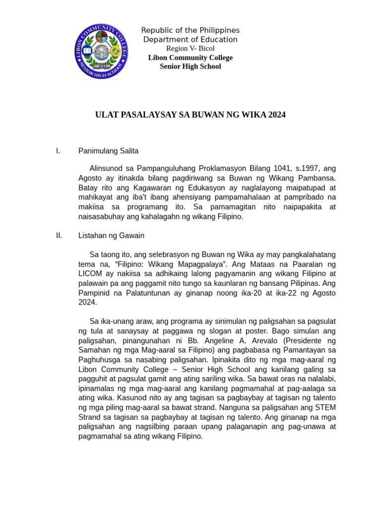 Narrative Report Buwan NG Wika 2024 - 114846 | PDF