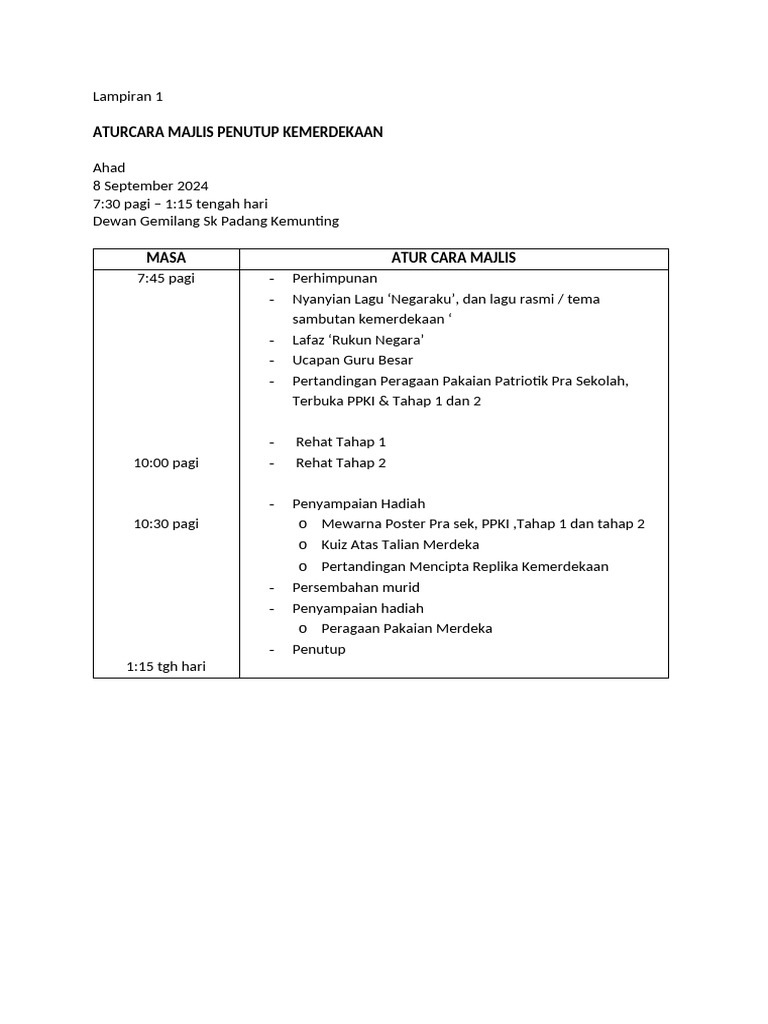 Tentatif Program Majlis Penutupan Bulan Kemerdekaan SKPK24 | PDF