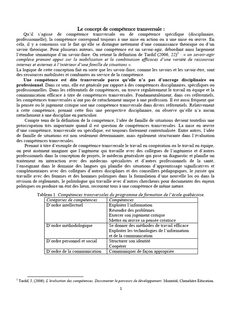 Le Concept de Compétence Transversale | PDF