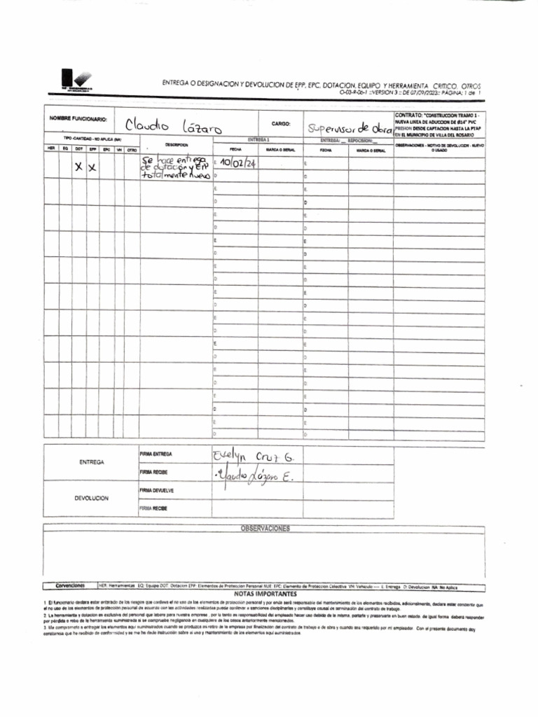 Entrega Dotación y EPP - Supervisor Claudio | PDF