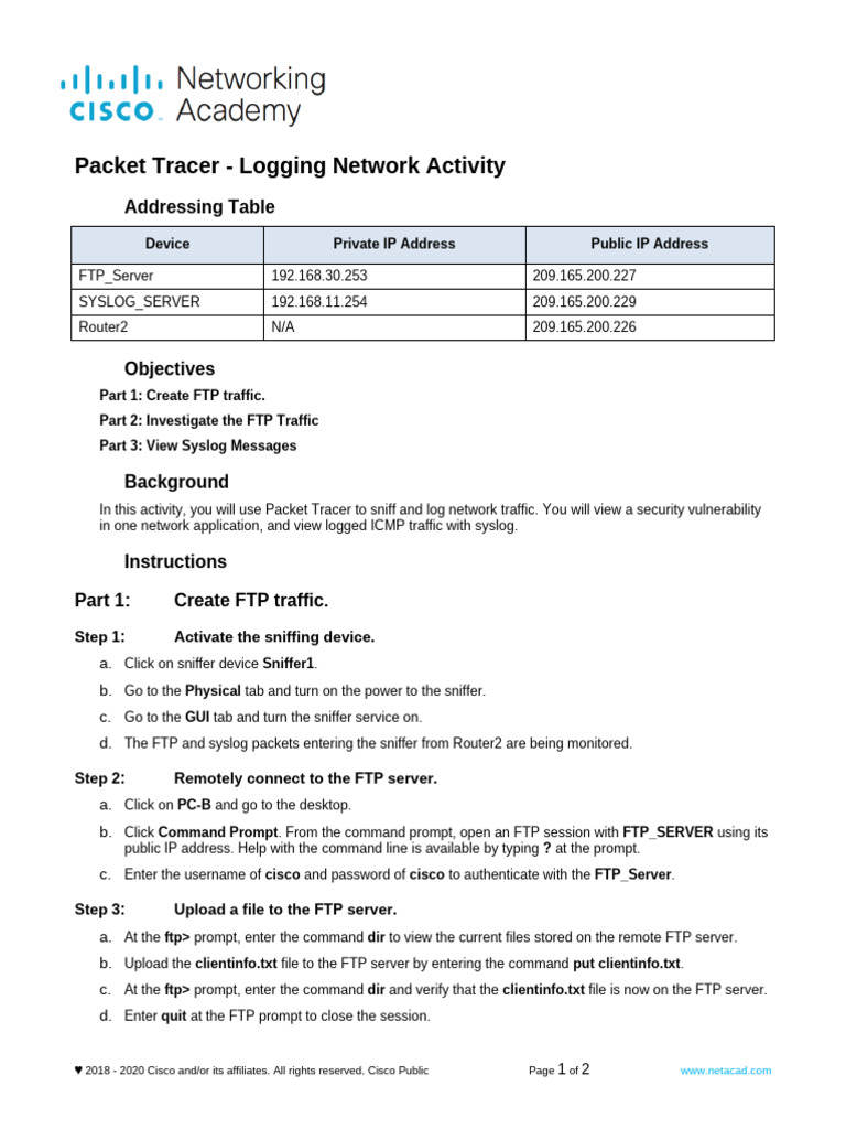 15.2.7 Packet Tracer - Logging Network Activity | PDF