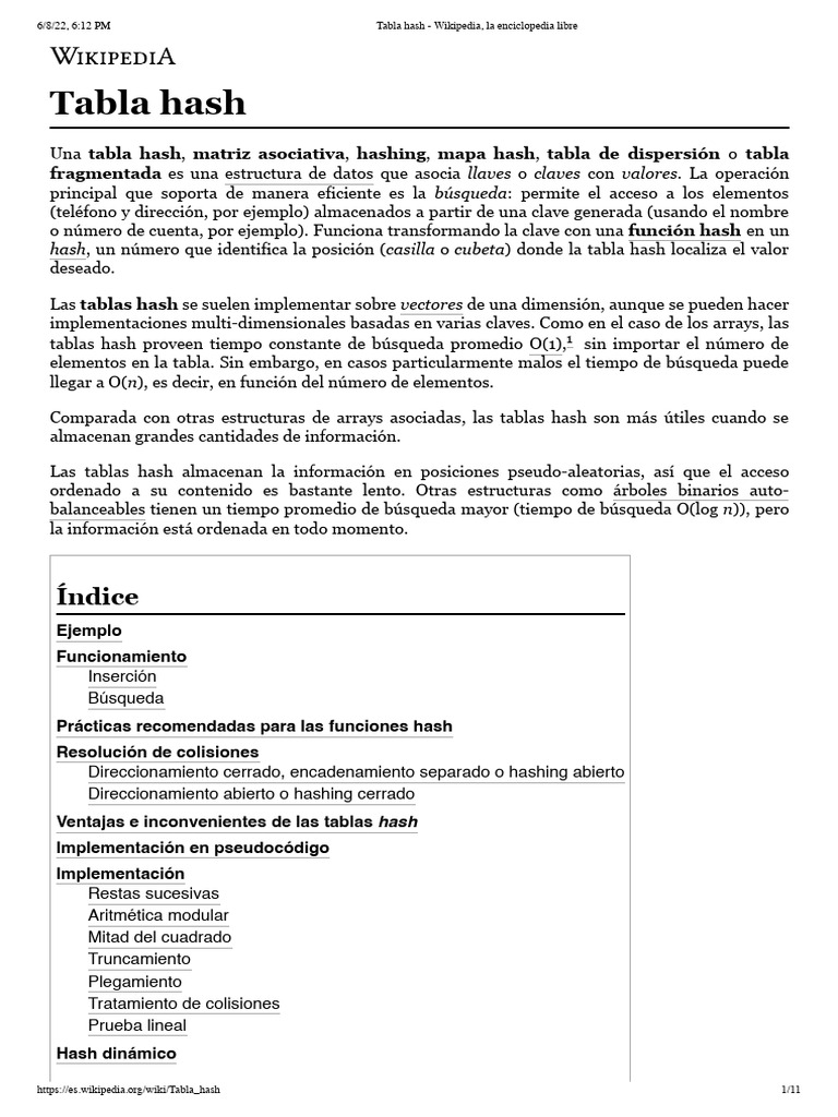 Tabla Hash - Wikipedia, La Enciclopedia Libre | PDF