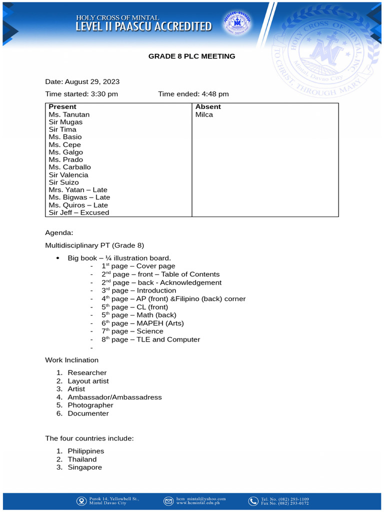 GRADE 8 PLC 1st Meeting | PDF