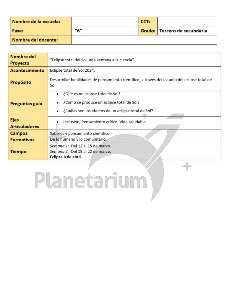 Propuesta Proyecto Eclipse Tercer Grado Secundaria | PDF | Evaluación | Pensamiento