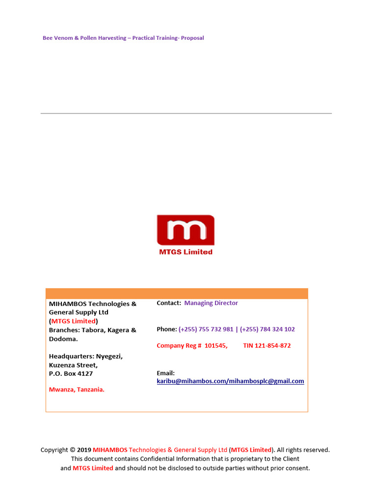 Bee Venom & Pollen Harvesting - Training-Proposal-MTGS Limited | PDF | Dietary Supplements | Bees