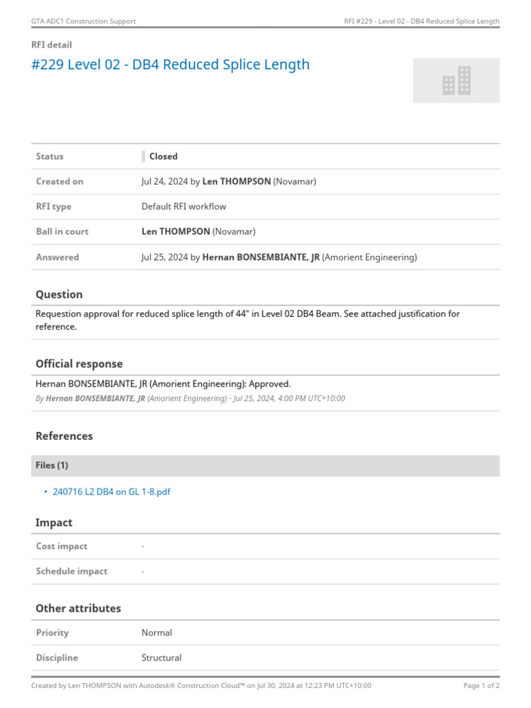 RFI #229 - Level 02 - DB4 Reduced Splice Length | PDF