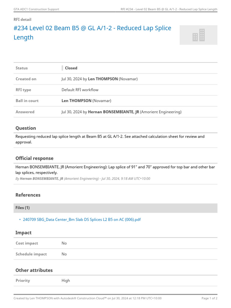 RFI #234 - Level 02 Beam B5 at GL A1-2 - Reduced Lap Splice Length | PDF