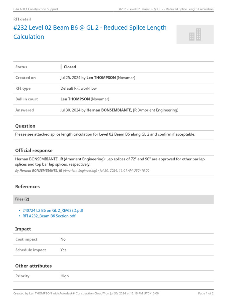RFI #232 - Level 02 Beam B6 at GL 2 - Reduced Splice Length Calculation ...