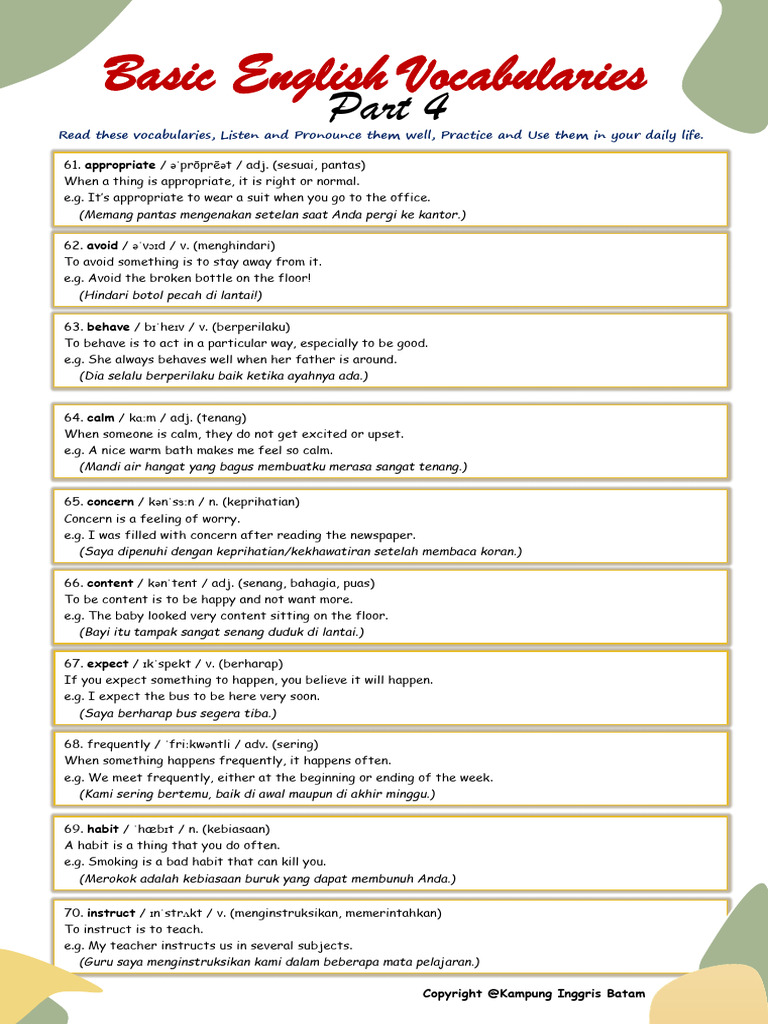 Basic English Vocabularies - Part 4 | PDF