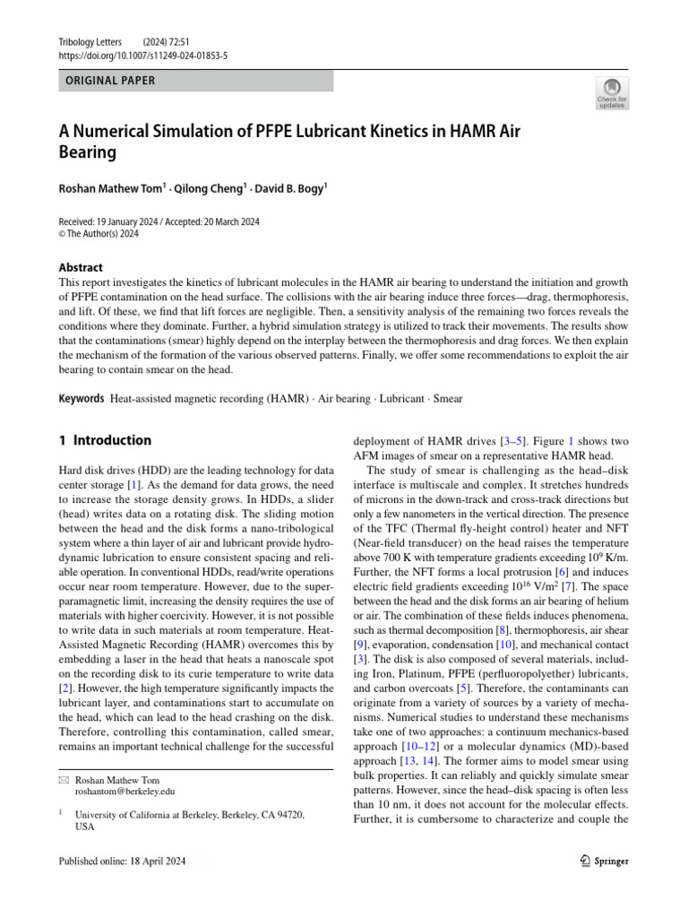 2024, Tom, A Numerical Simulation of PFPE Lubricant Kinetics in HAMR Air Bearing | PDF