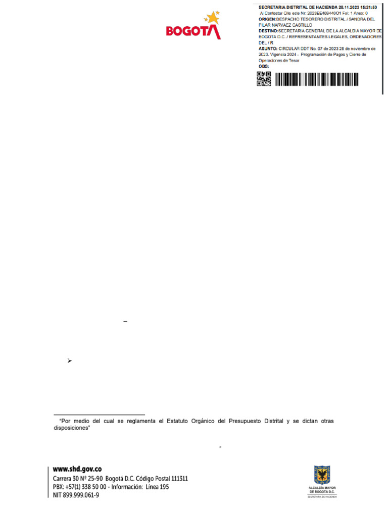 Circular DDT 7 de 2023 Programación de Pagos 2024 | PDF | Presupuesto | Contabilidad