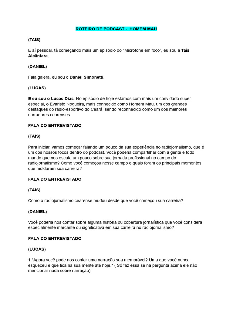 Roteiro de Podcast - Homem Mau | PDF