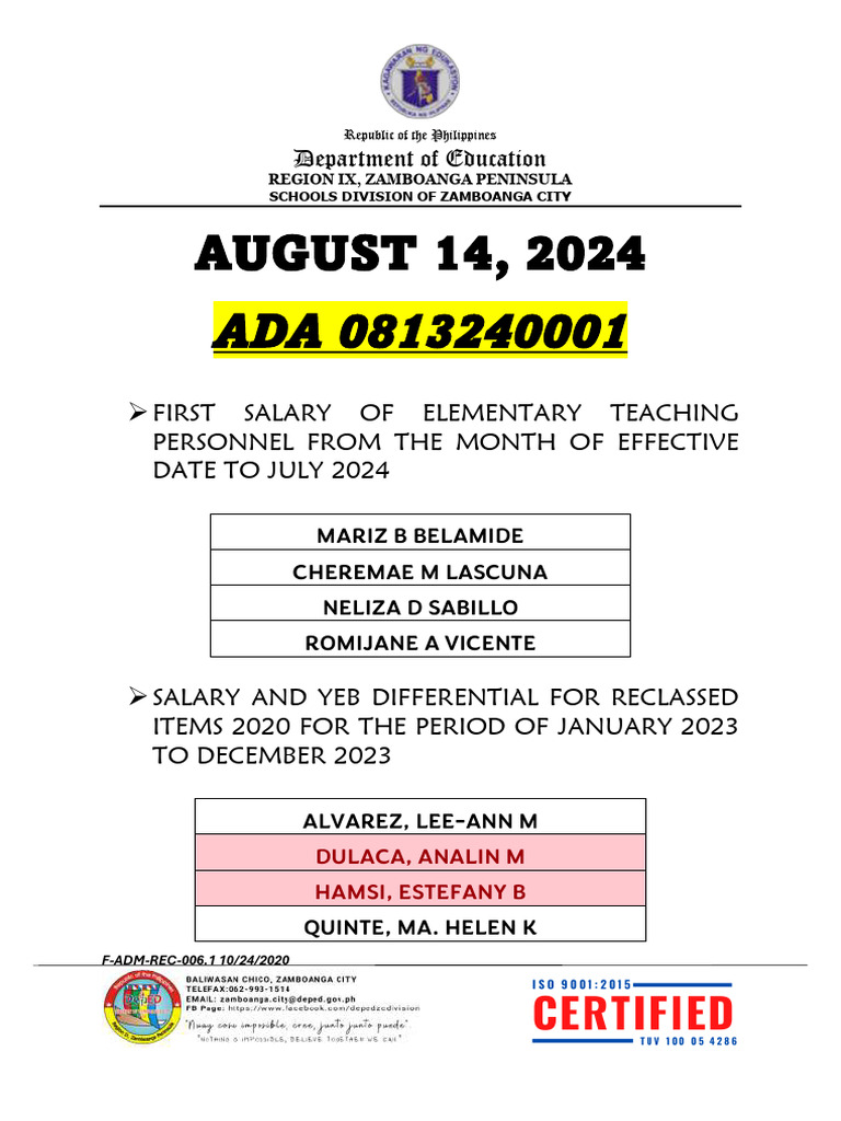 Aug 14 First Salary Loyalty Step Incre Sal Diff Maternity Pay | PDF