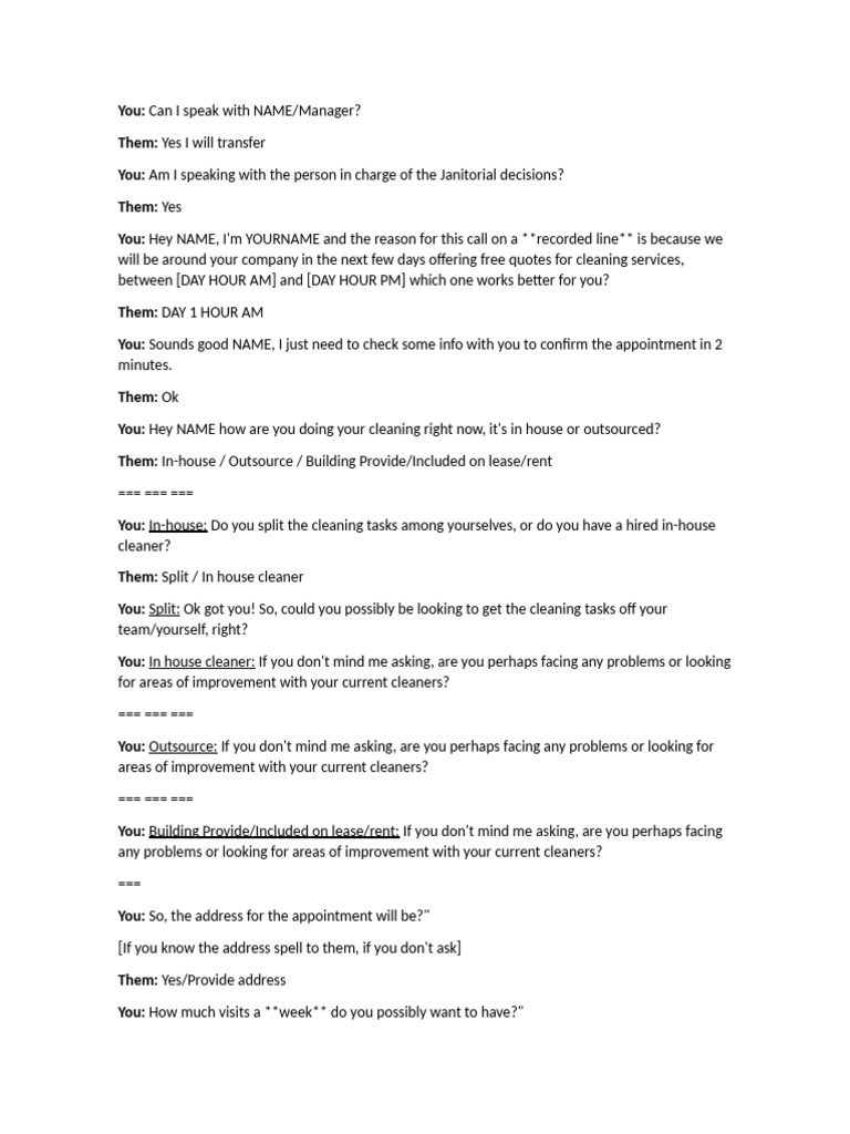 Script Cold Call B2B Commercial Cleaning and Janitorial | PDF