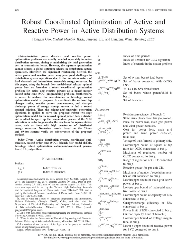Robust Coordinated Optimization of Active and Reactive Power in Active Distribution Systems | PDF