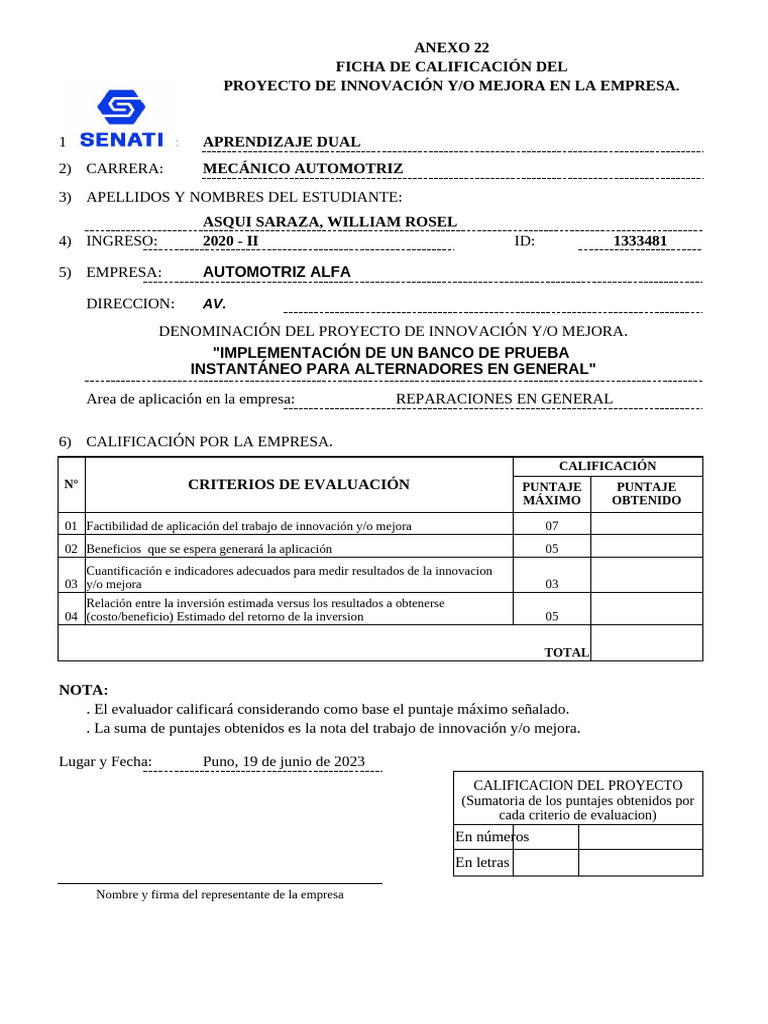 ANEXO 22 Ficha de Calificacion WILLIAM | PDF