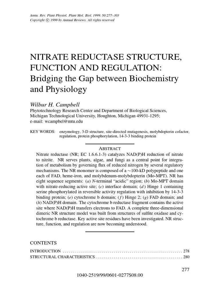 Nitrate Reductase Structure Function and | PDF