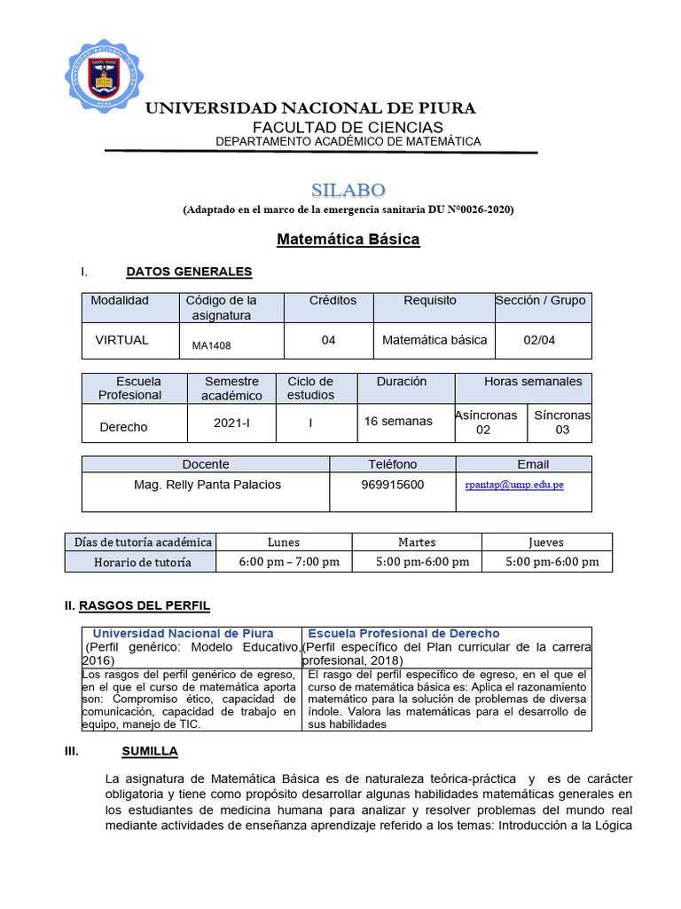 Silabo Matemática Basica | PDF