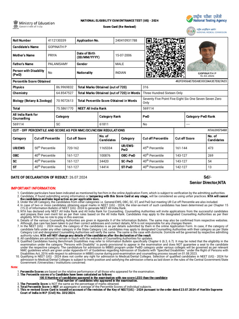 Neet.ntaonline.in Frontend Web Re-revised25july-Scorecard Score-card | PDF