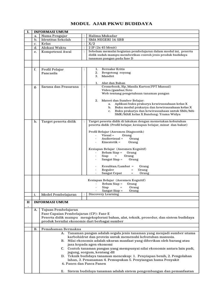 MODUL AJAR GTT PKWU BUDIDAYA SEMESTER Ganjil | PDF