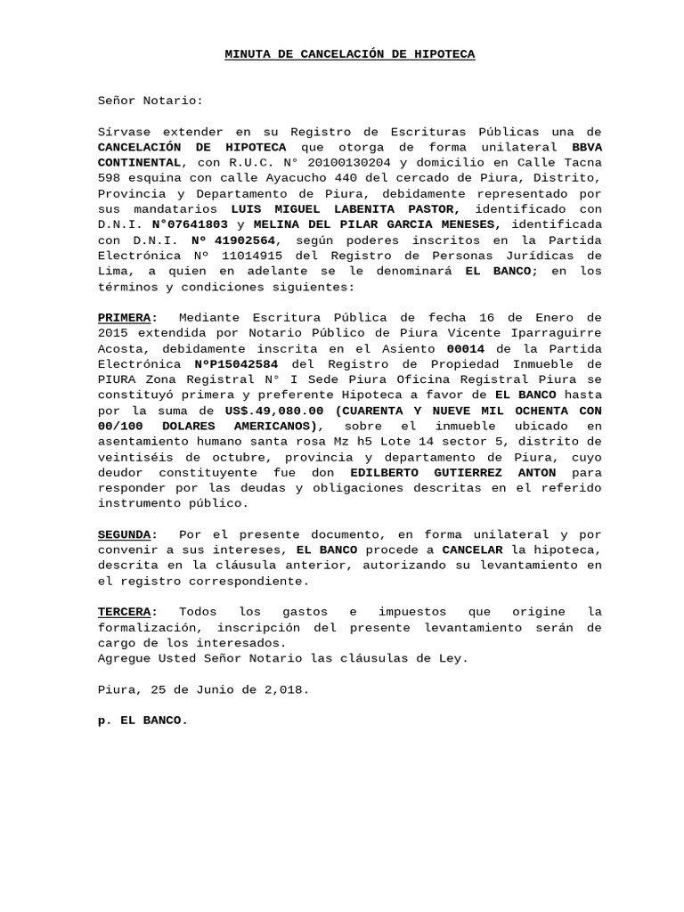 Minuta de Cancelacion de Hipoteca Edilberto Gutierrez Anton | PDF