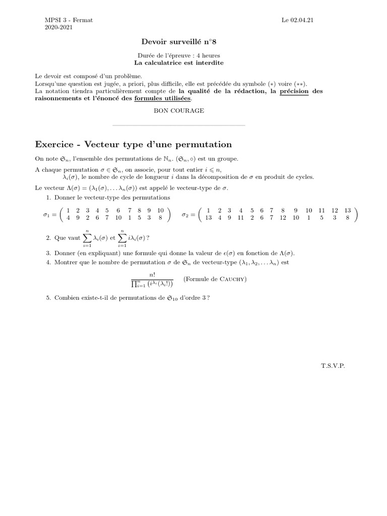 Exercice - Vecteur Type D'une Permutation: Devoir Surveill en 8 | PDF