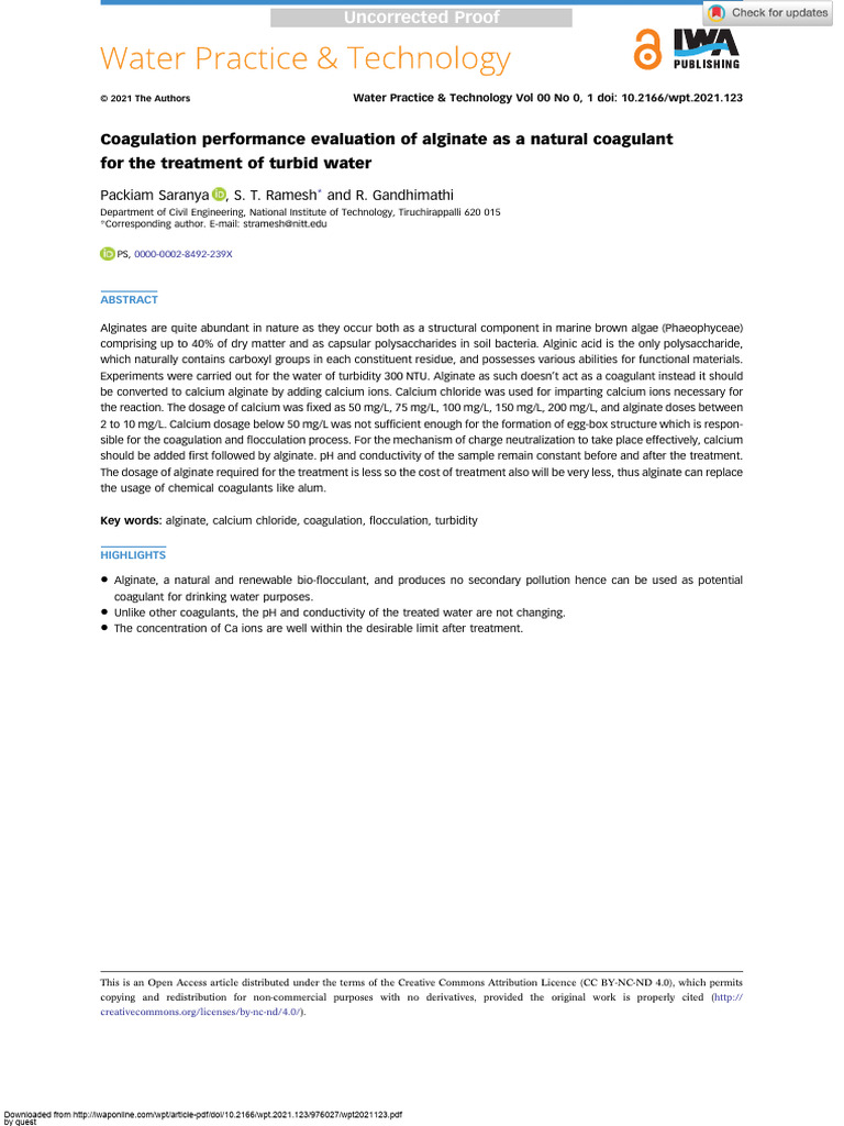 Coagulation Performance Evaluation of Alginate As | PDF