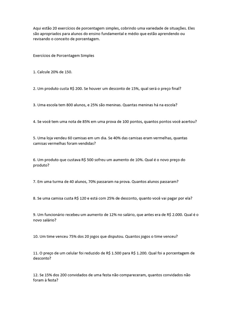 Aqui Estão 20 Exercícios de Porcentagem Simples | PDF | Carreira e Crescimento