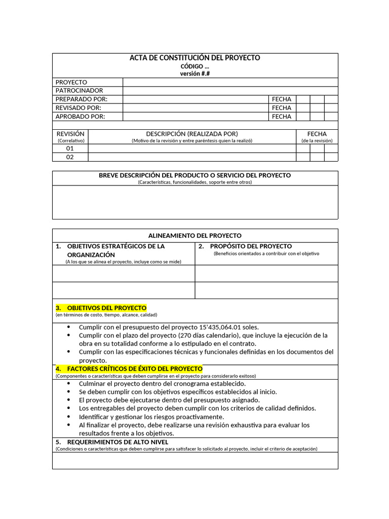 Modelo Acta de Constitucion Del Proyecto (3) | PDF