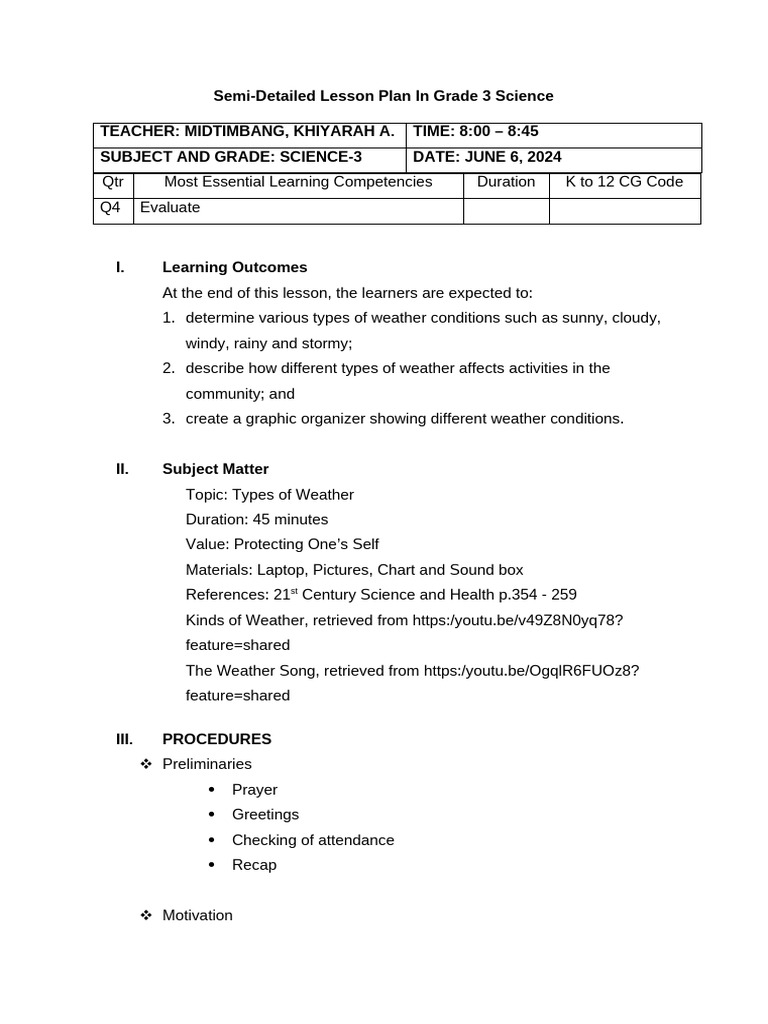 FINAL Semi-Detailed Lesson Plan About Weather | PDF