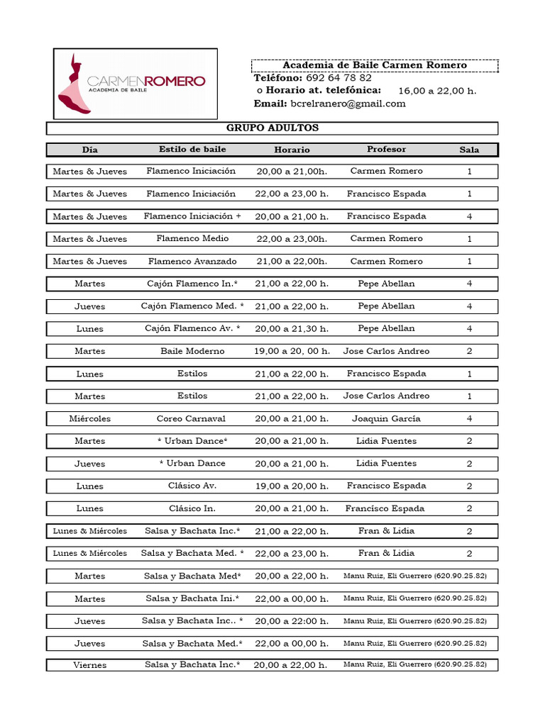Tarifas 2019-20 Academia de Baile Carmen Romero (Grupo Adultos) | PDF
