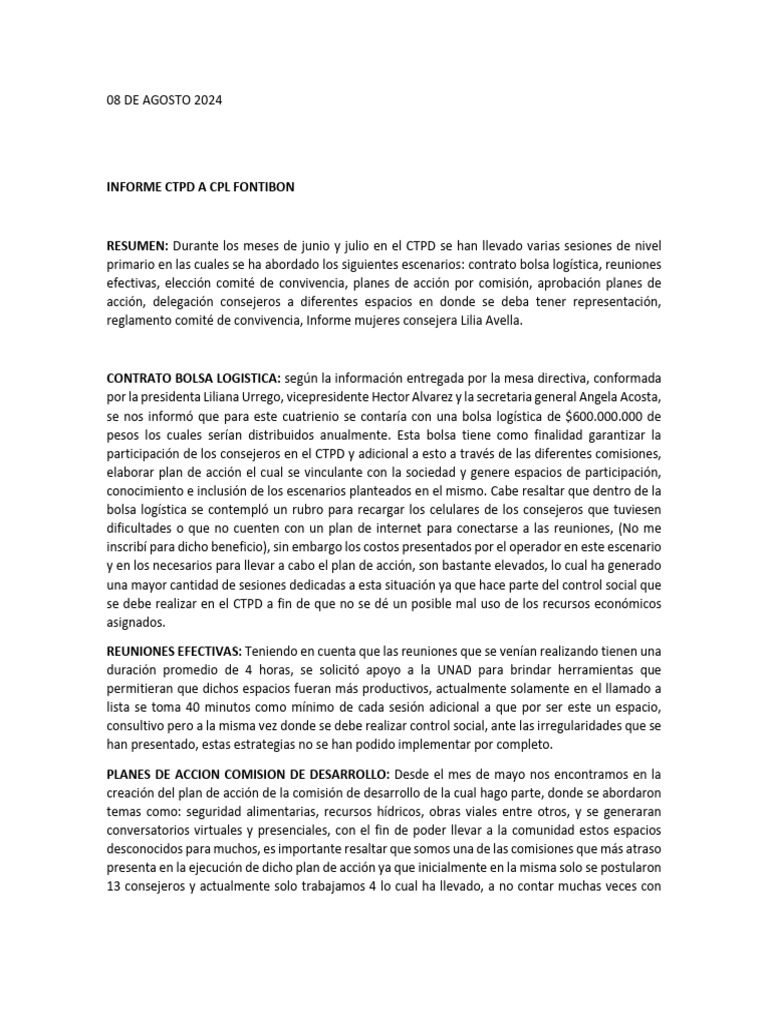 Informe CTPD A CPL Fontibon | PDF
