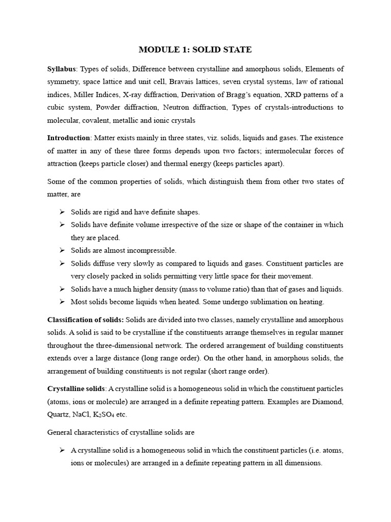 Module 1 - Solid State - Note 1 | PDF