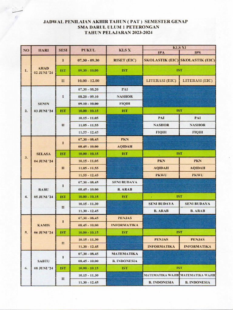 Jadwal Ujian PAT X-XI 2023-2024 | PDF